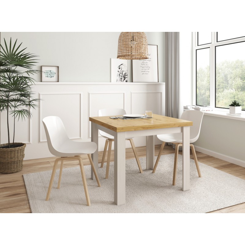 Mesa de comedor extensible tipo libro de 90x90 en artisan y blanco.