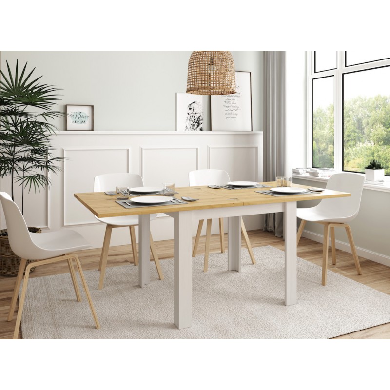 Mesa de comedor extensible tipo libro de 90x90 en artisan y blanco.